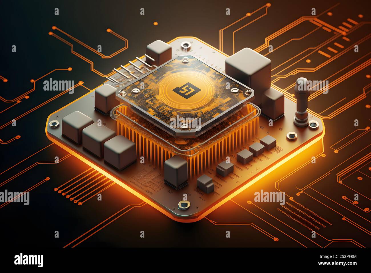 A board with chips and a gaming graphics card processor. Progressive ...