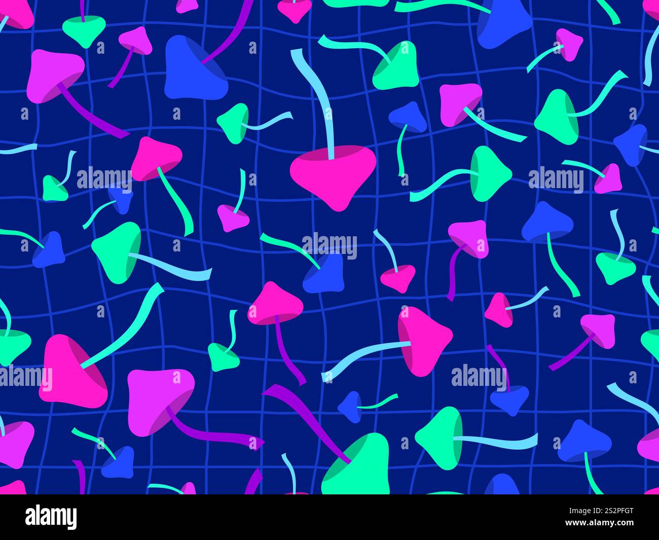 Seamless pattern with mushrooms on a wavy grid. Background with ...