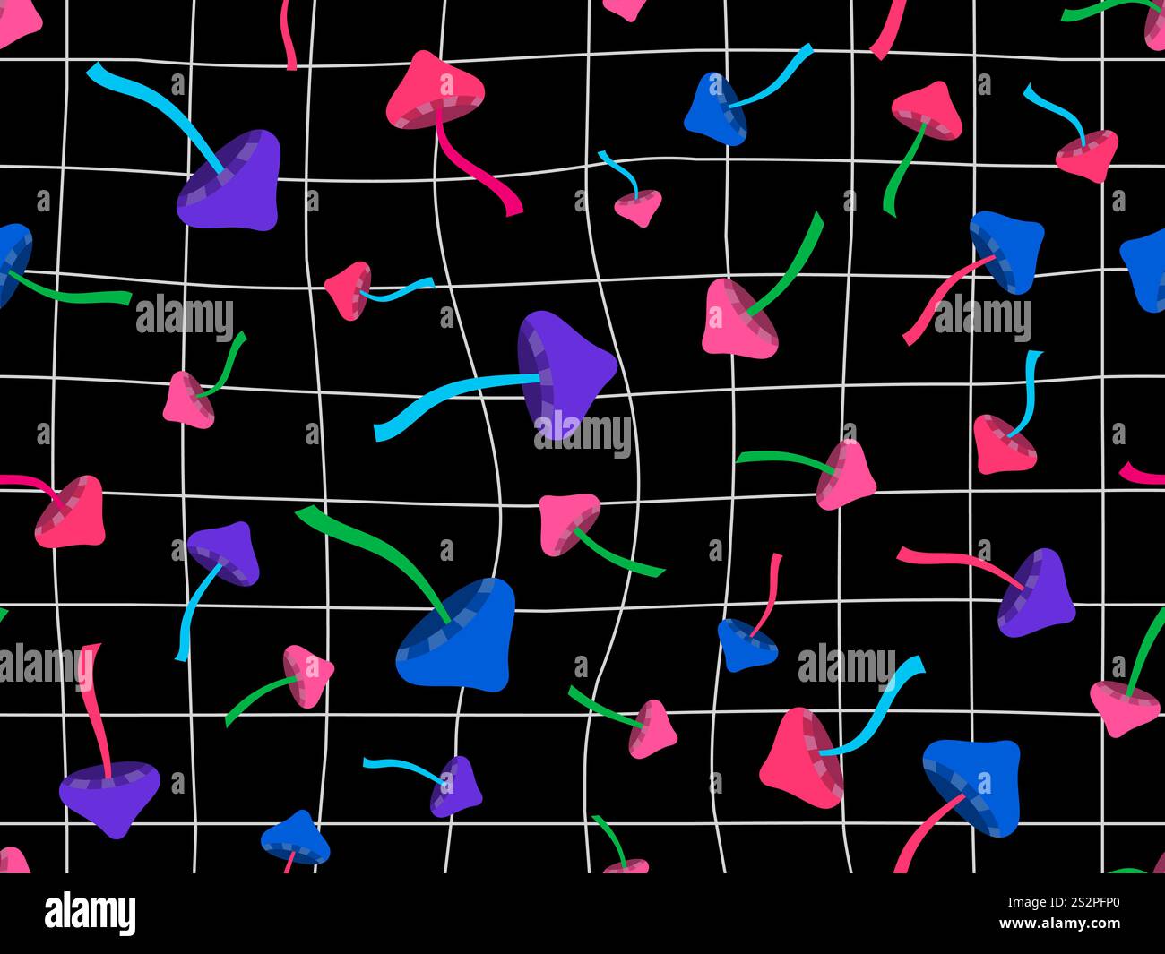 Seamless pattern with mushrooms on a wavy grid. Background with ...