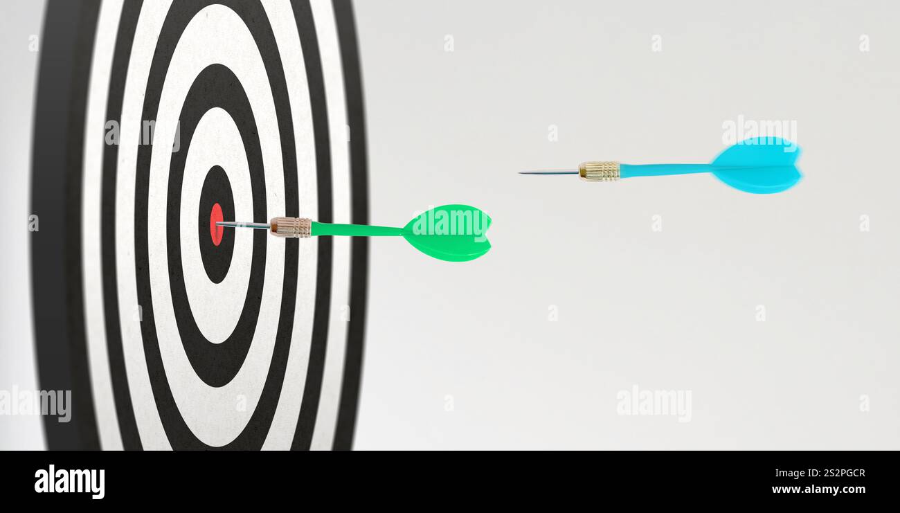 Target with one dart in the center and another dart flying toward it ...