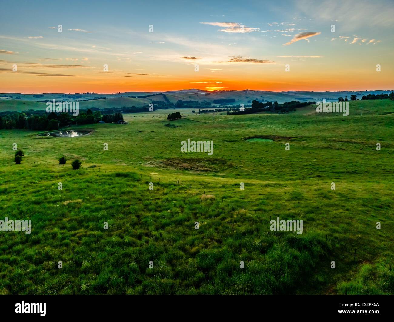 Aerial Sunrise landscape views over the countryside at Blayney in the ...