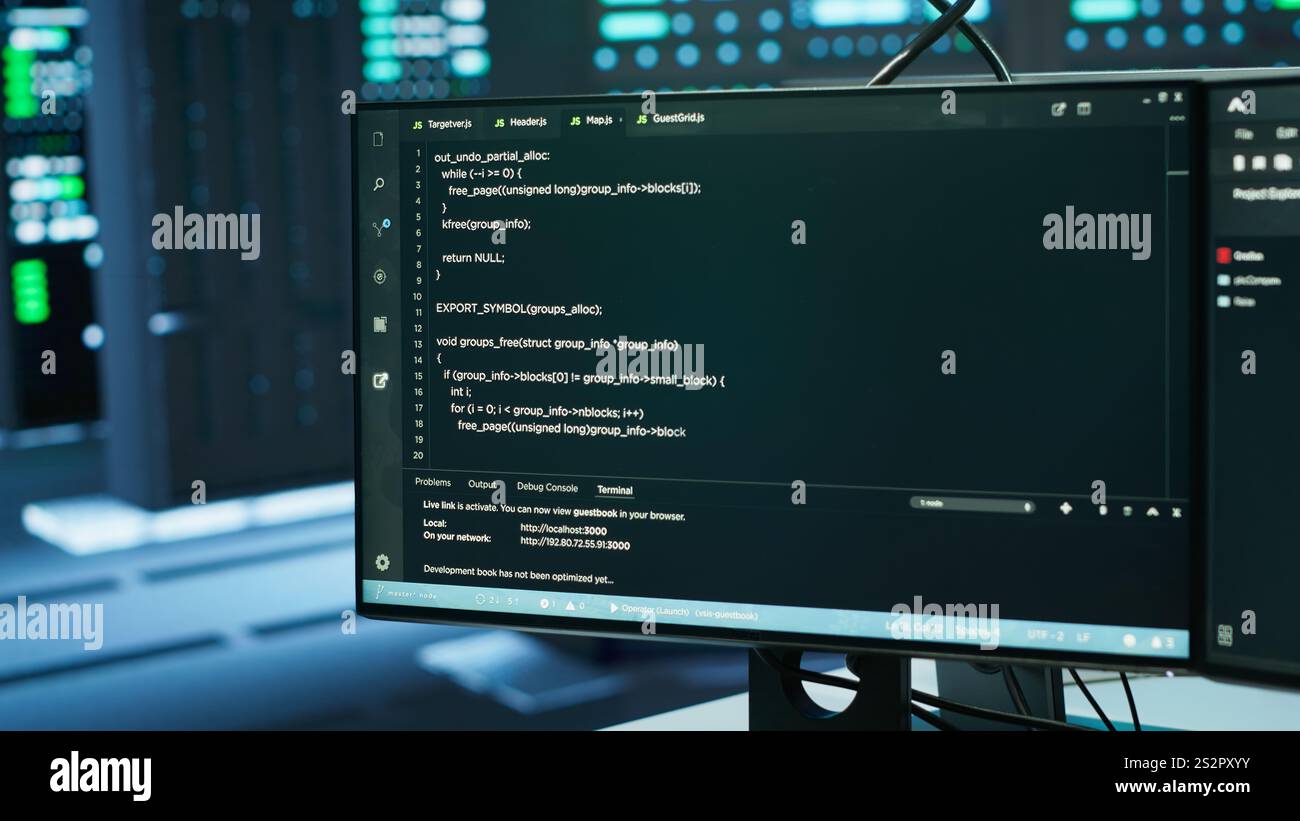Data center with networking systems installed used for managing hardware rows. Close up on code ...