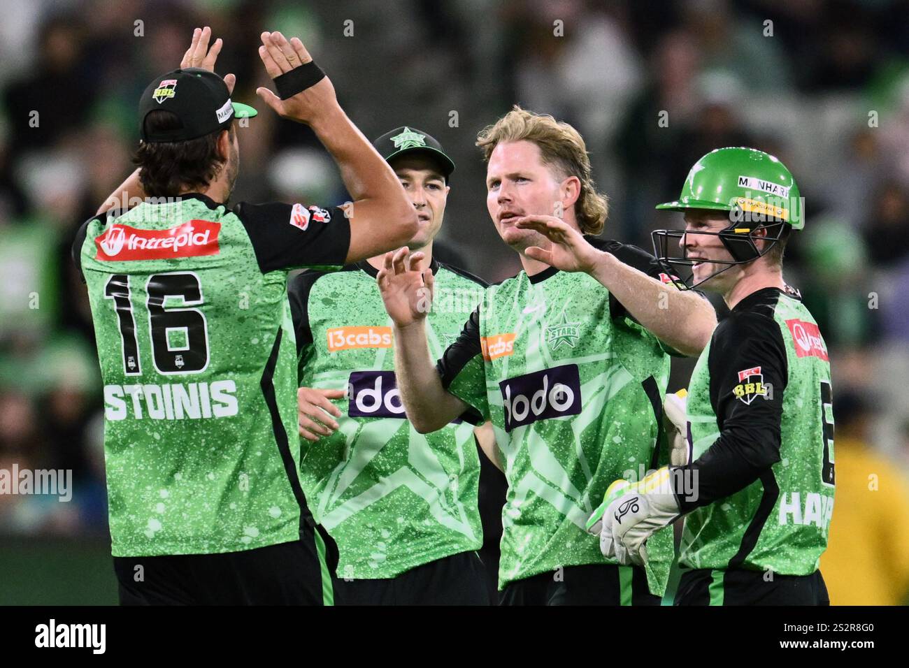 Hamish McKenzie of the Stars celebrates taking the wicket of Jack Wood ...