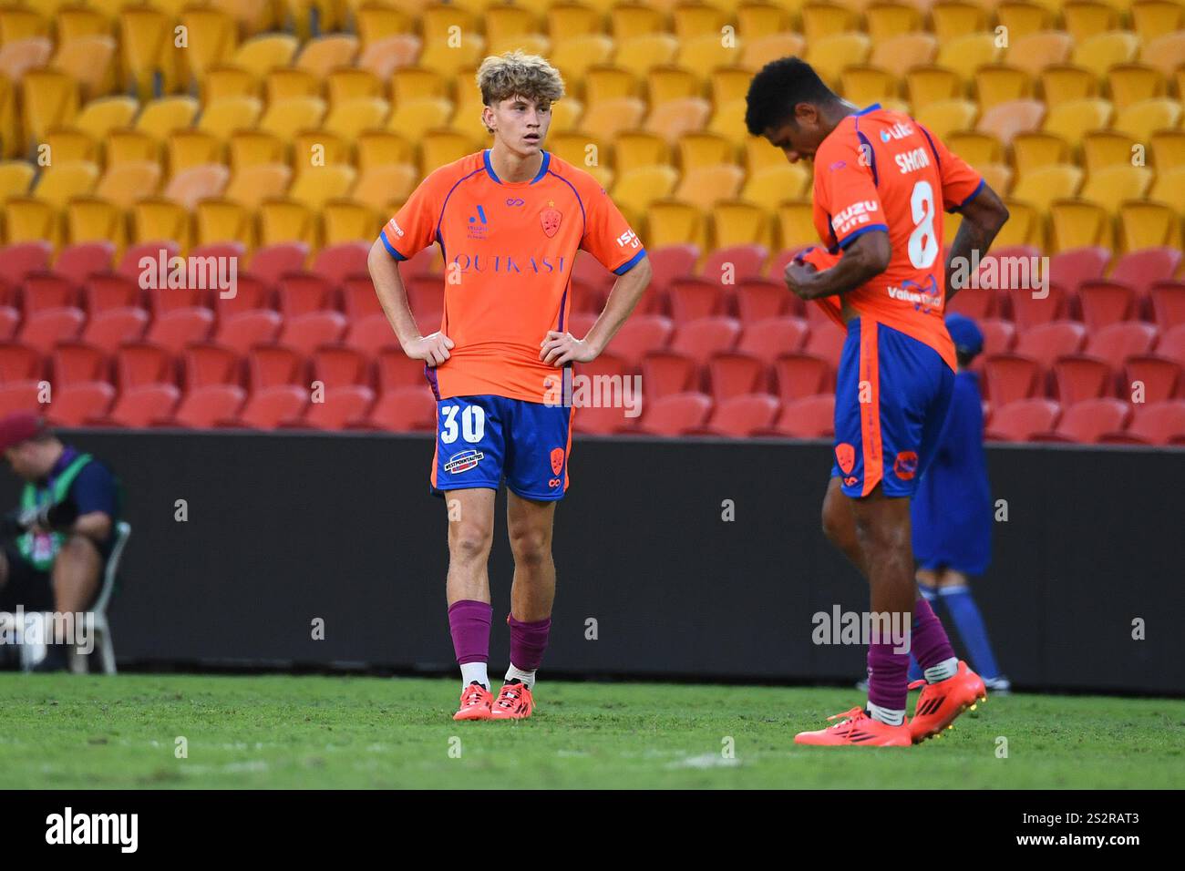 Brisbane, Australia. 21st Dec, 2024. Quinn Macnicol of the Roar reacts ...