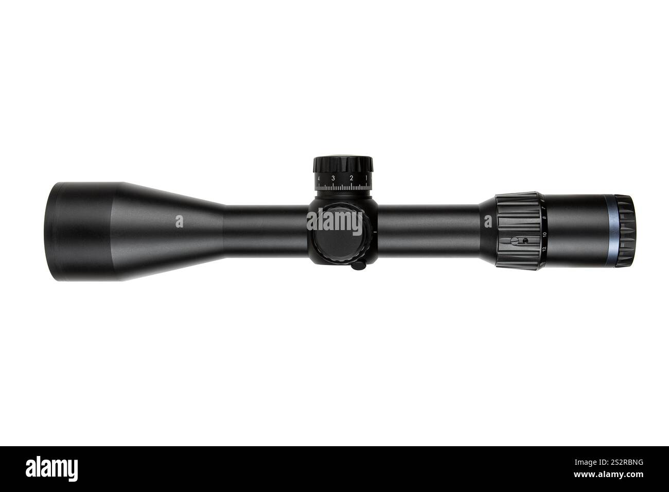 A high-quality black rifle scope with multiple adjustment knobs ...