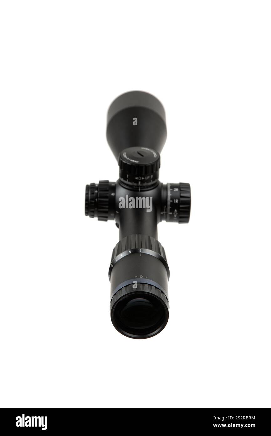 A high-quality black rifle scope with multiple adjustment knobs ...