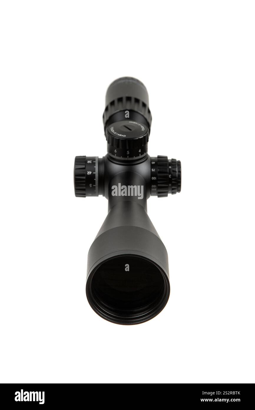 A high-quality black rifle scope with multiple adjustment knobs ...