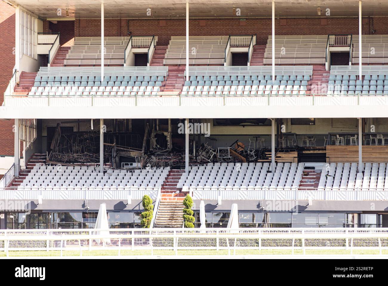 The fire damages of the Gran Stand are seen at the scene of a fire at ...