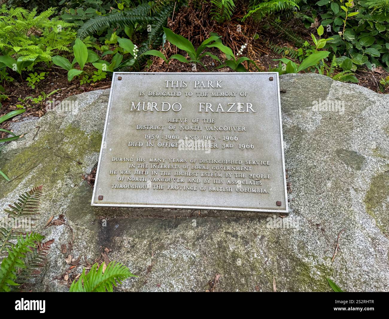 The plaque marking the entrance to Murdo Frazer Park in North Vancouver ...