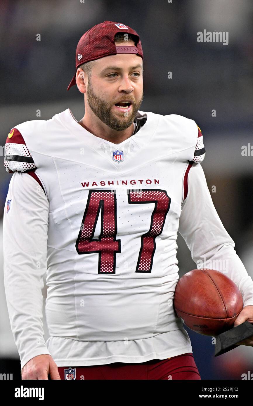 Washington Commanders place kicker Zane Gonzalez (47) warms up before ...