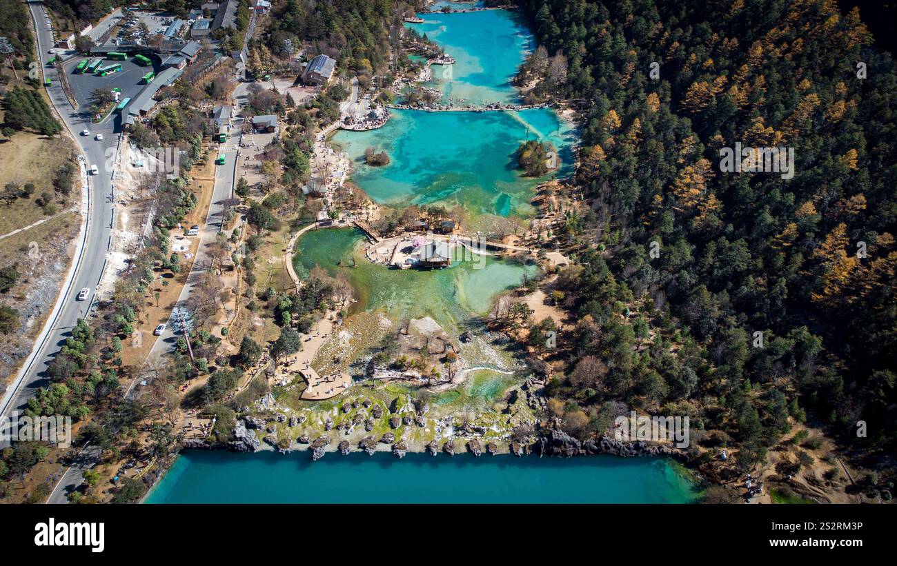 Aerial view of Blue Moon Lake near Holy Jade Dragon mountain near ...