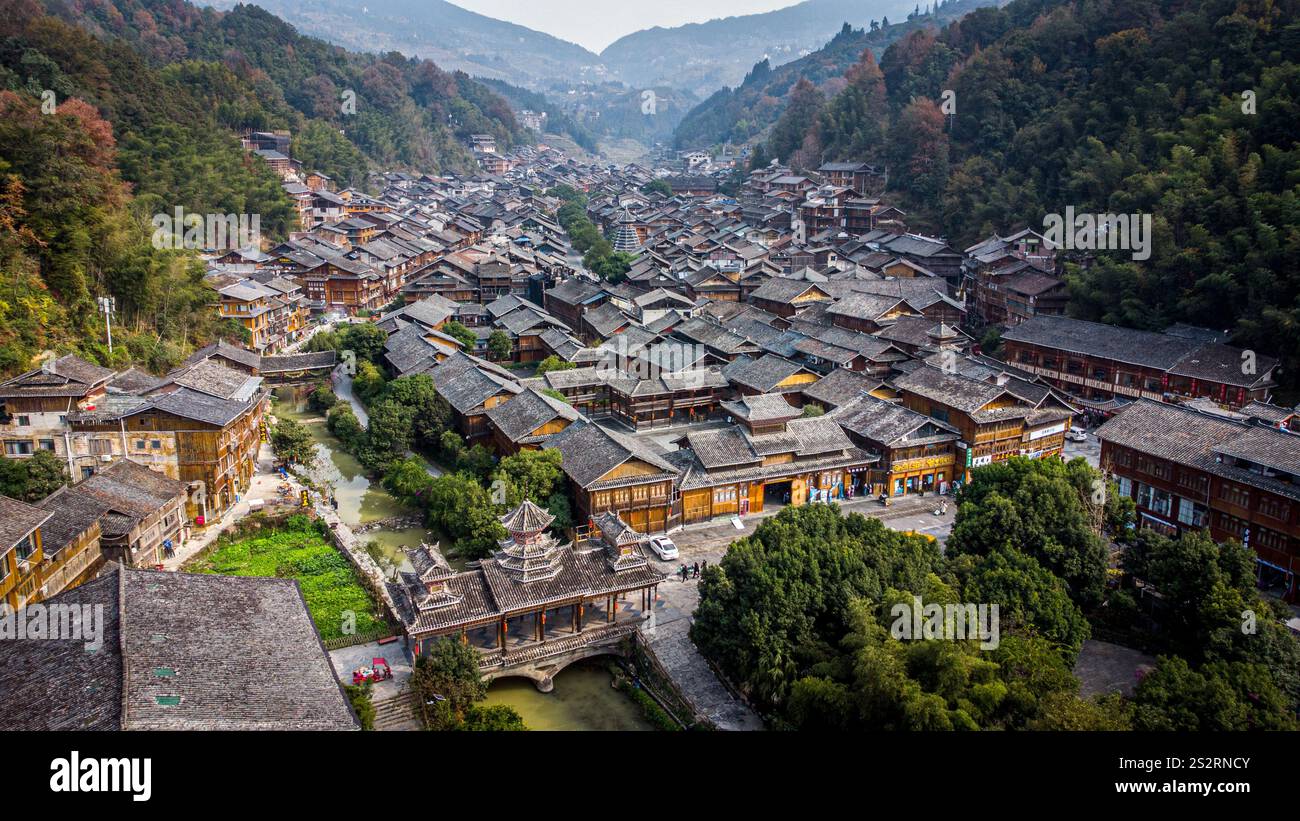 Zhaoxing Dong Ethnic village aerial view. Traditional houses. Valley ...