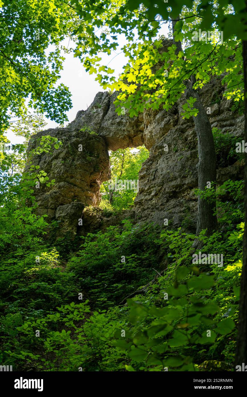 Natural rock archway surrounded by lush greenery in Frontenac State ...