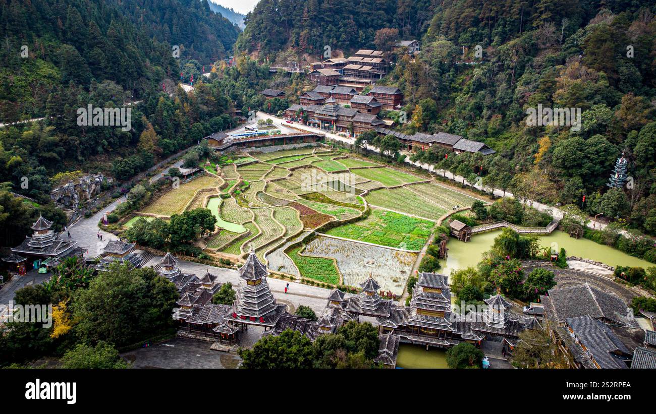 Aerial view of rice fields in front of Zhaoxing Dong Village in Guizhou ...