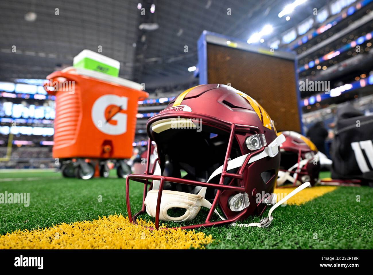 A Washington Commanders helmet is seen on the field before an NFL ...