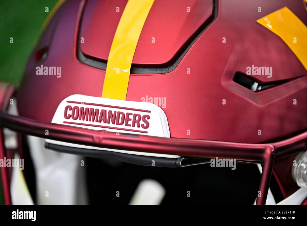 A Washington Commanders helmet is seen on the field before an NFL ...