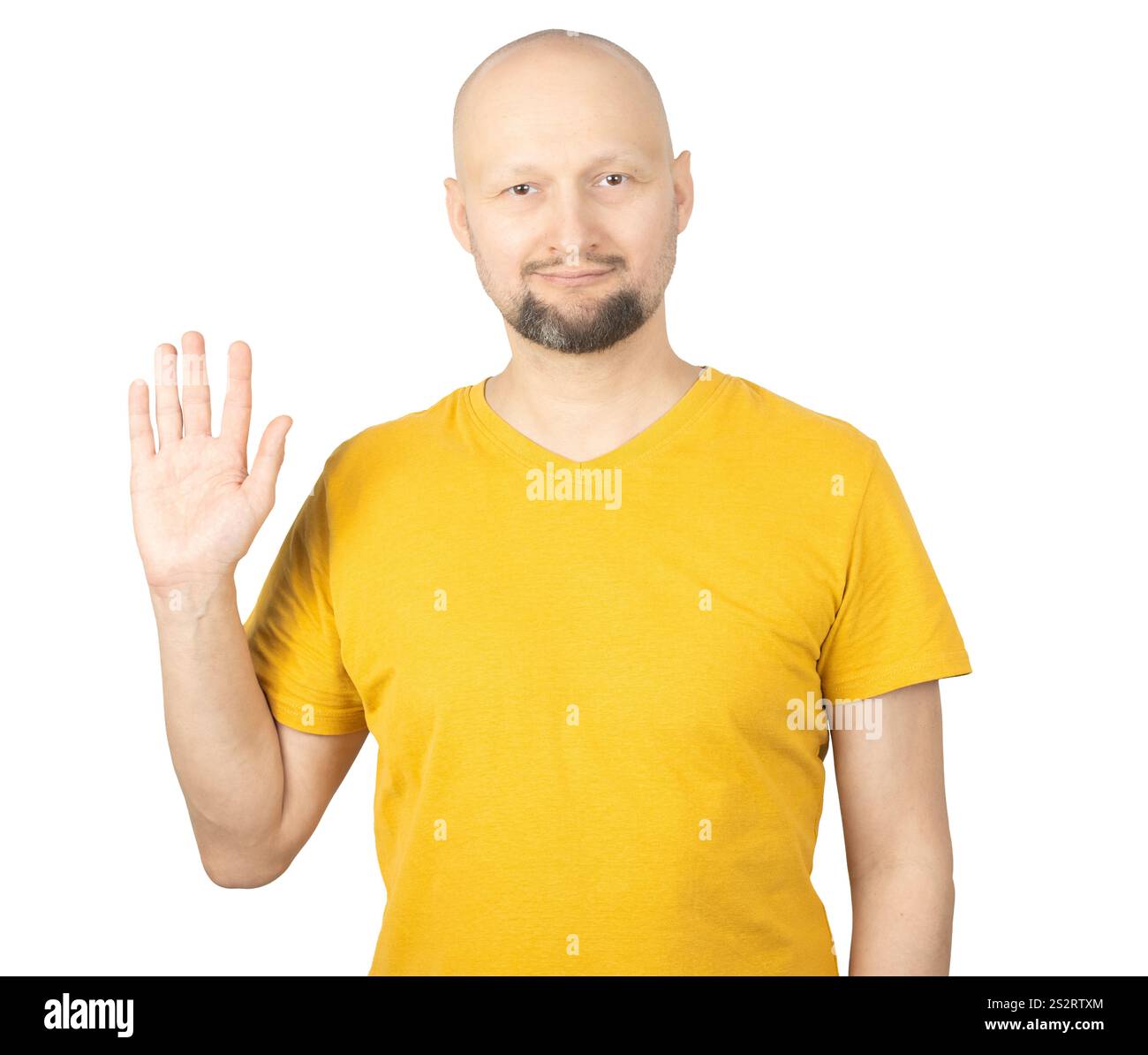 A bald man with a beard is wearing a yellow shirt and waving his hand ...