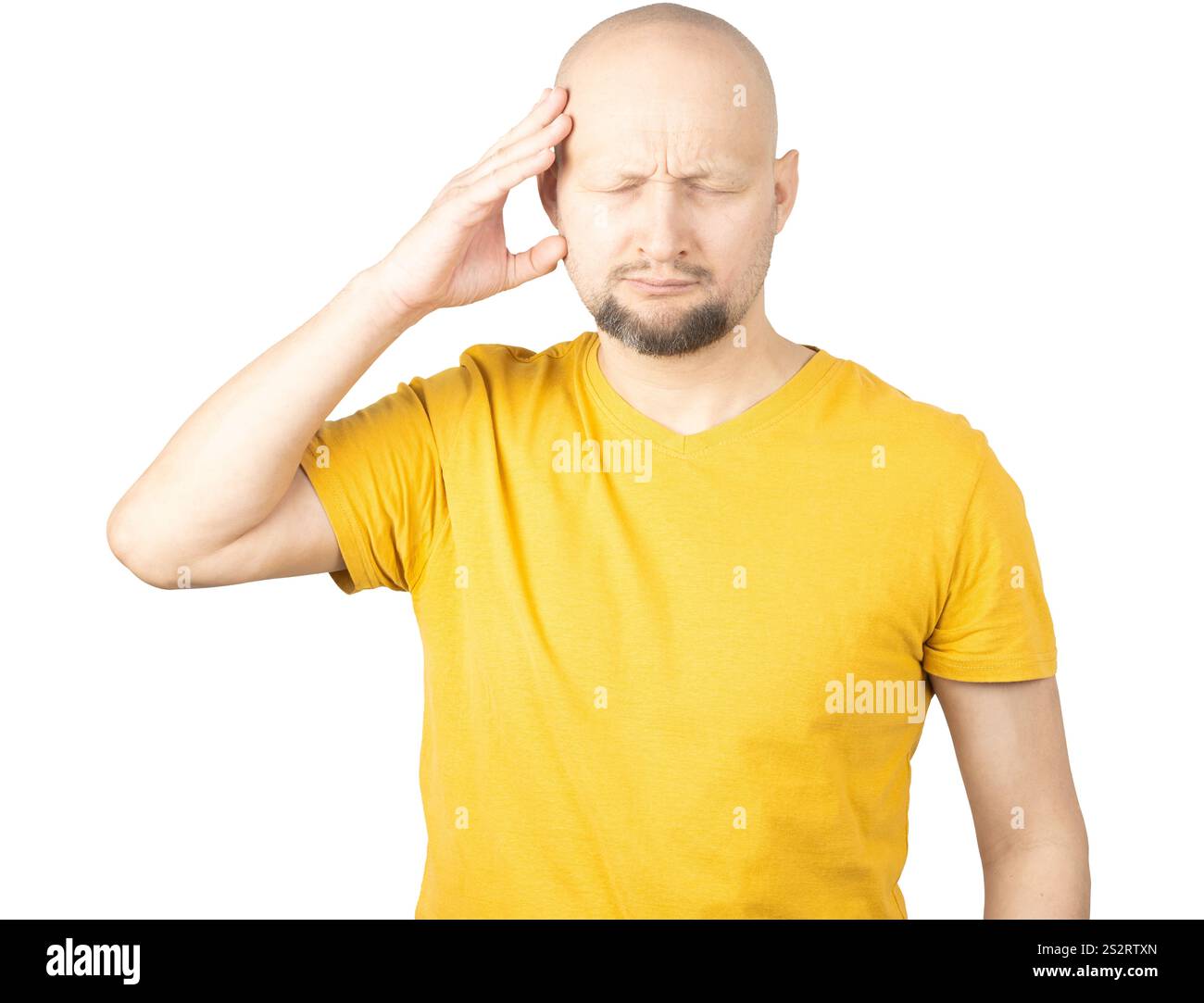 A bald man with a beard is wearing a yellow shirt and pressing his hand ...