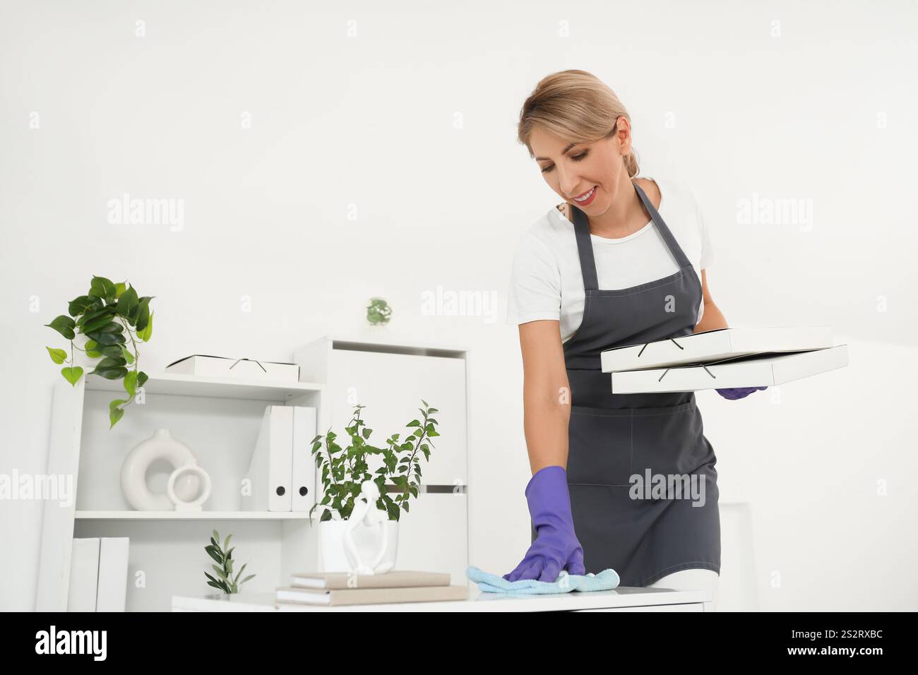 Female janitor cleaning commode in office Stock Photo - Alamy