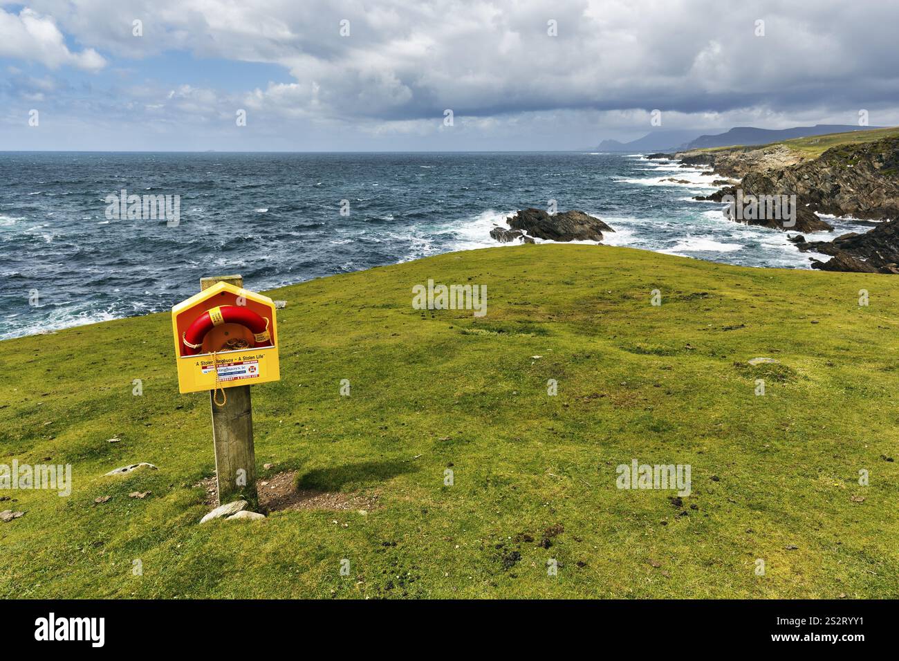 Lifebuoy on stormy coast, coastline, panoramic Atlantic Drive, southern ...