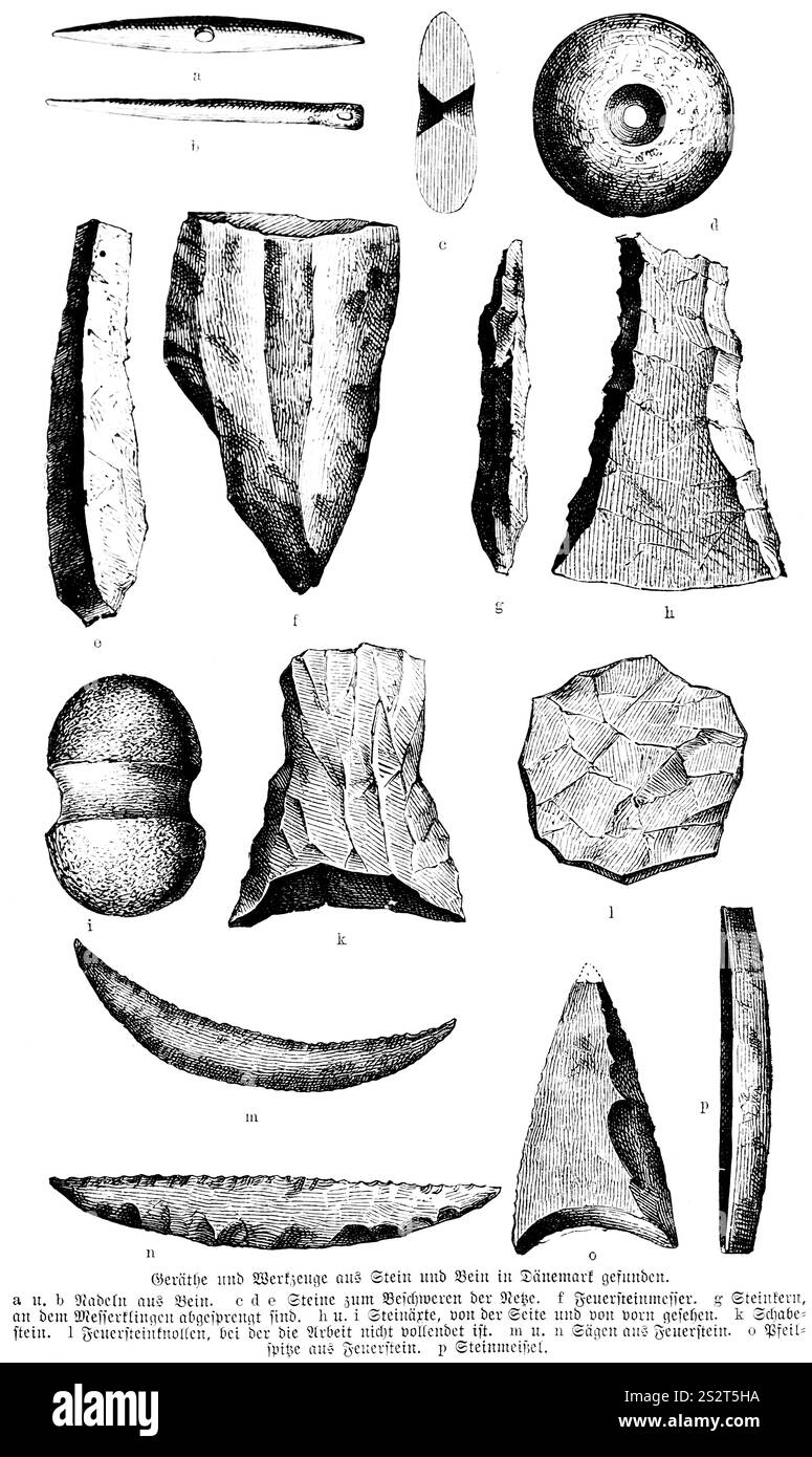 Stone Age implements and tools made of stone and bone, needles, flint ...
