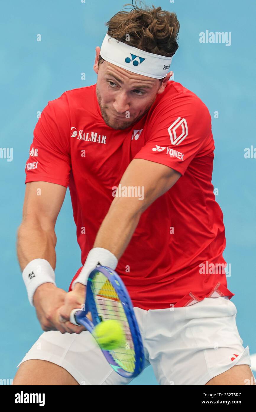 Casper Ruud of Team Norway plays a backhand in his Group B singles ...