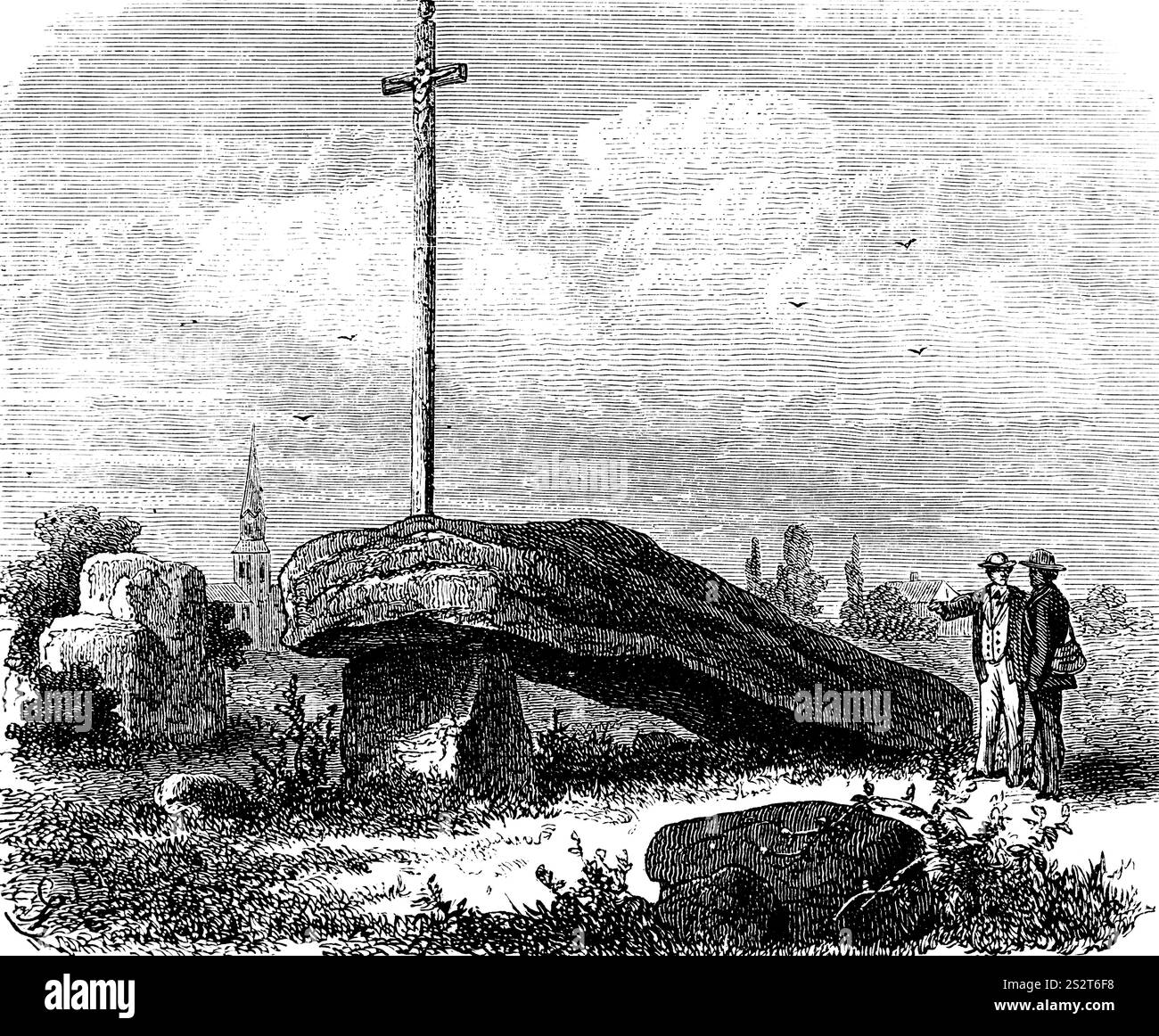 Half dolmen or demi dolmen at Kerland, Brittany, wooden cross, rock ...