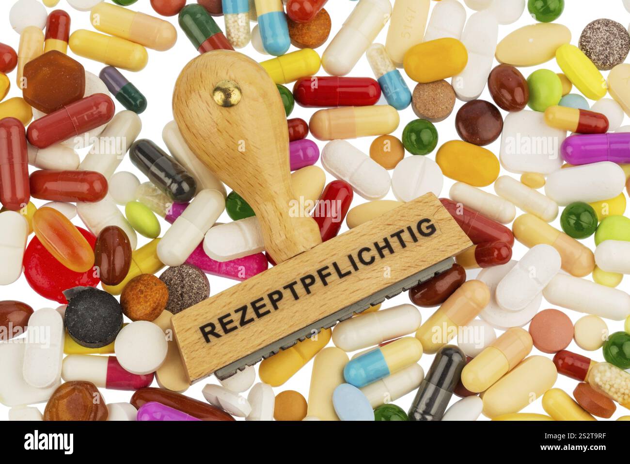 Stamp on coloured tablets, symbol photo for medication, prescription ...