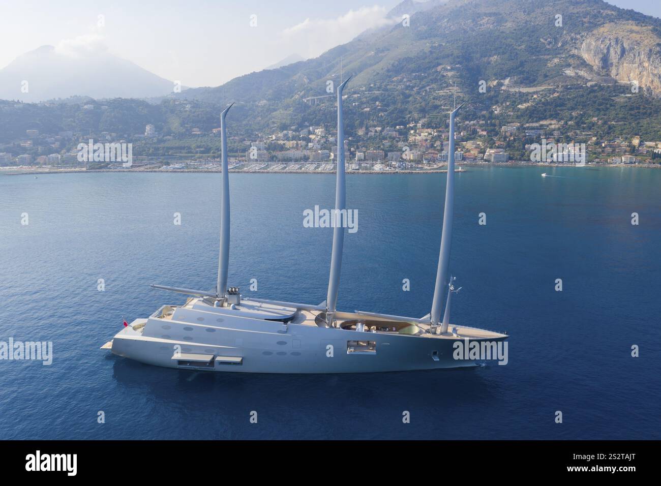 Aerial view 143 metre long three-master Sailing Yacht A, the largest ...