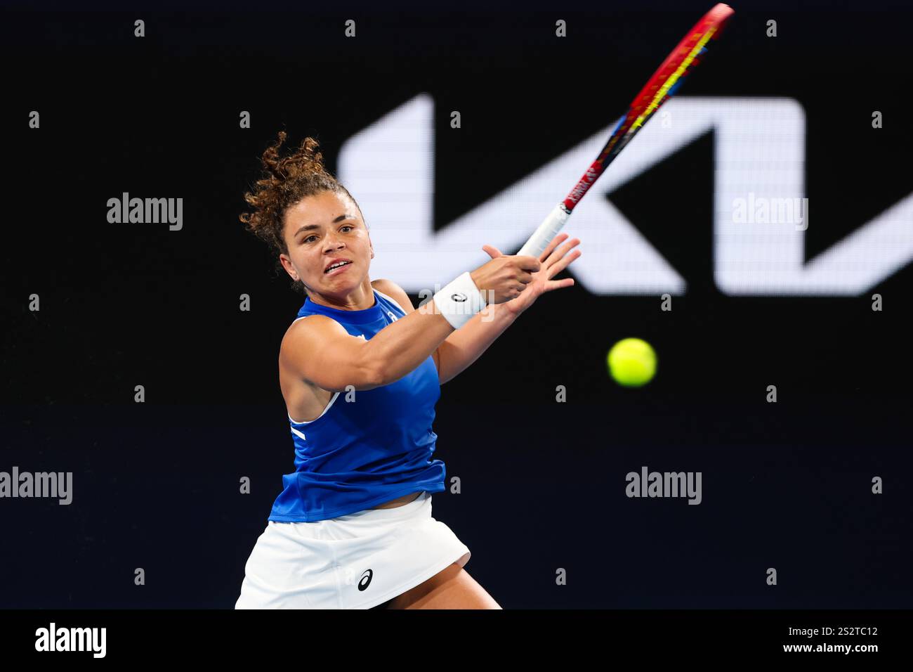 Jasmine Paolini of Team Italy plays a forehand in her Group D singles ...