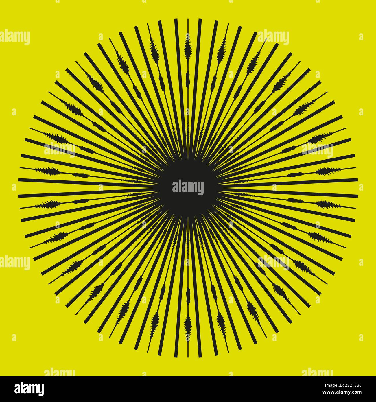 Black circular center. Radiating spiked lines. Yellow background art ...