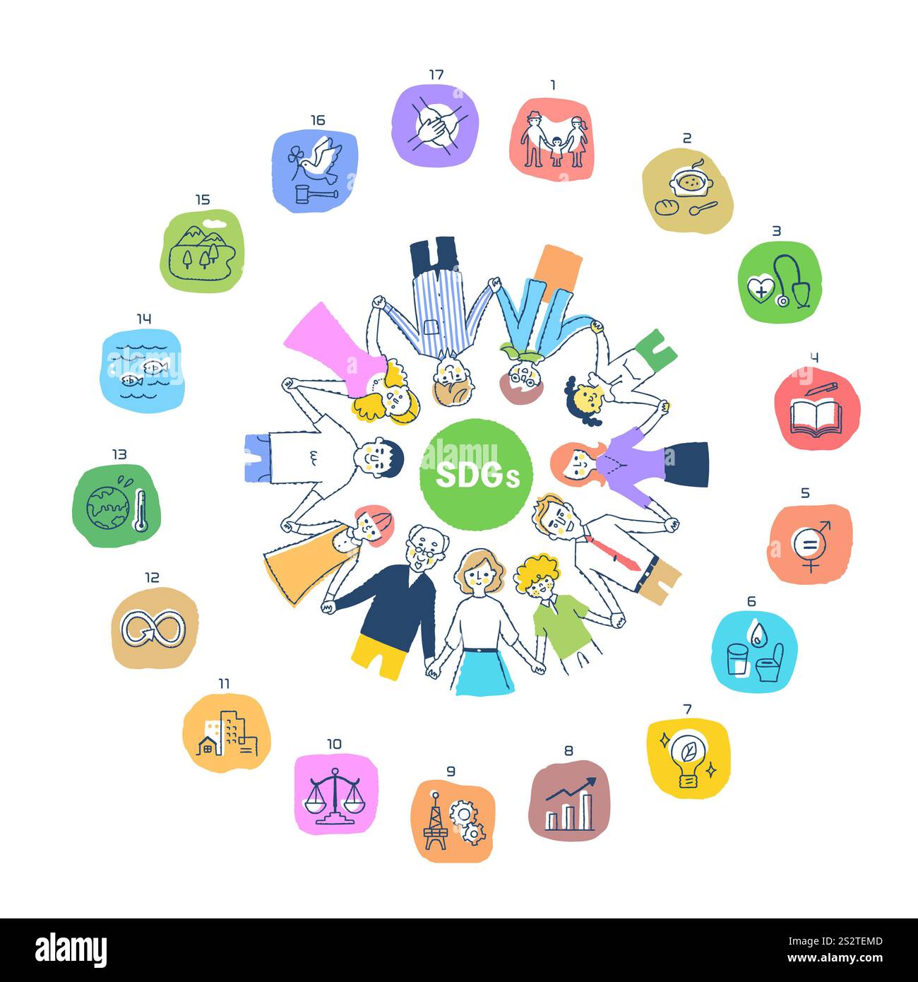 SDG image People holding hands in a circle and 17 Goal icons Stock ...