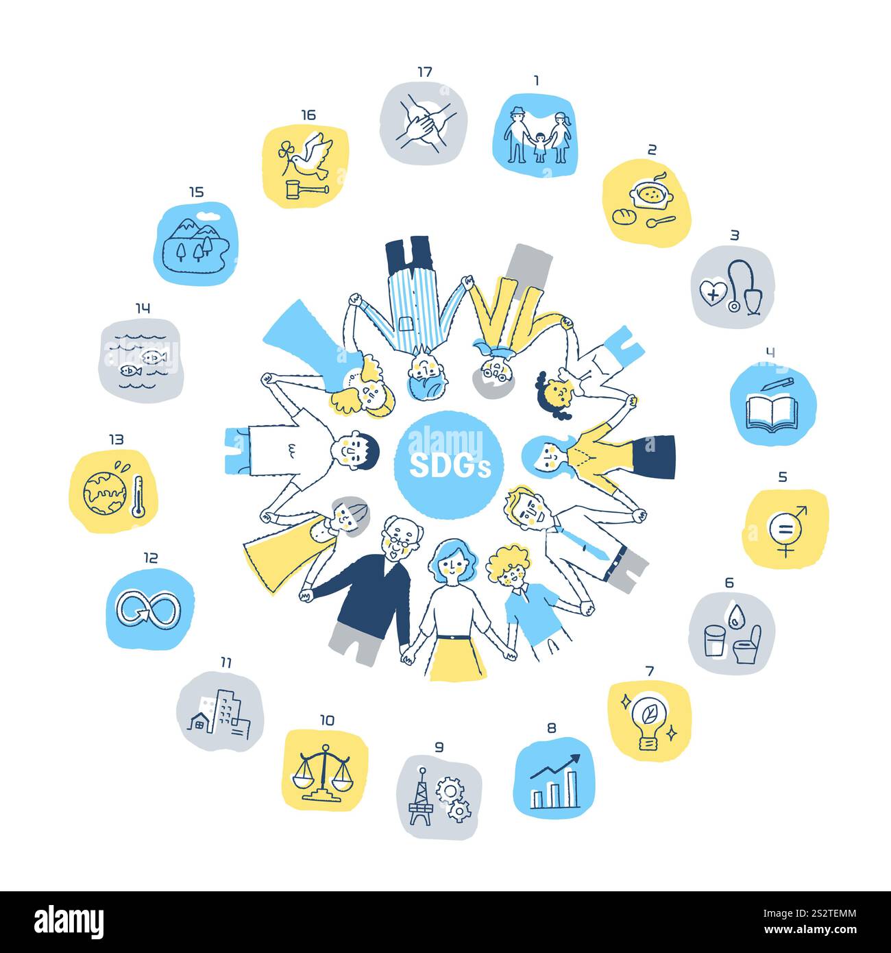SDG image People holding hands in a circle and 17 Goal icons Stock ...