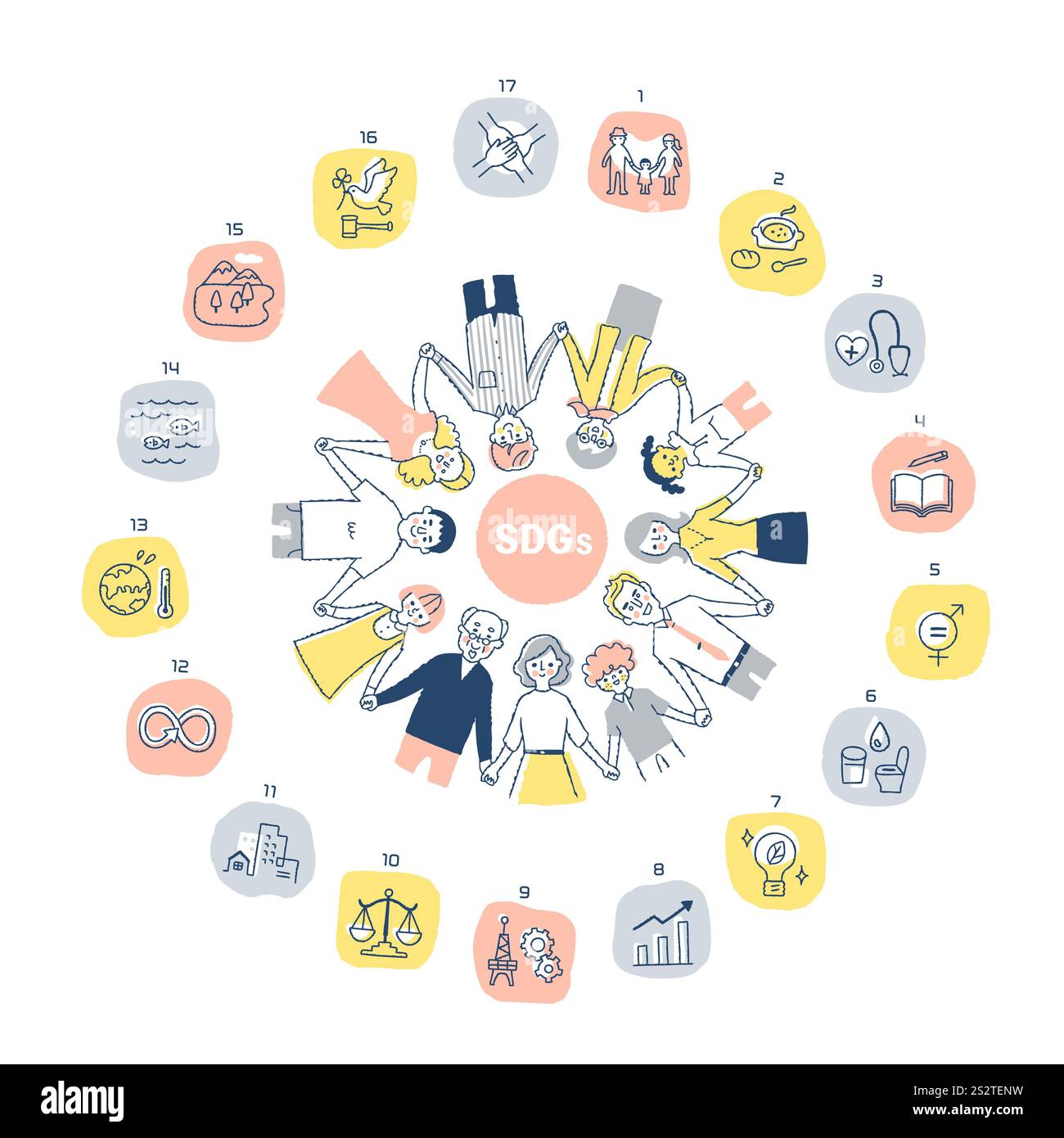 SDG image People holding hands in a circle and 17 Goal icons Stock ...