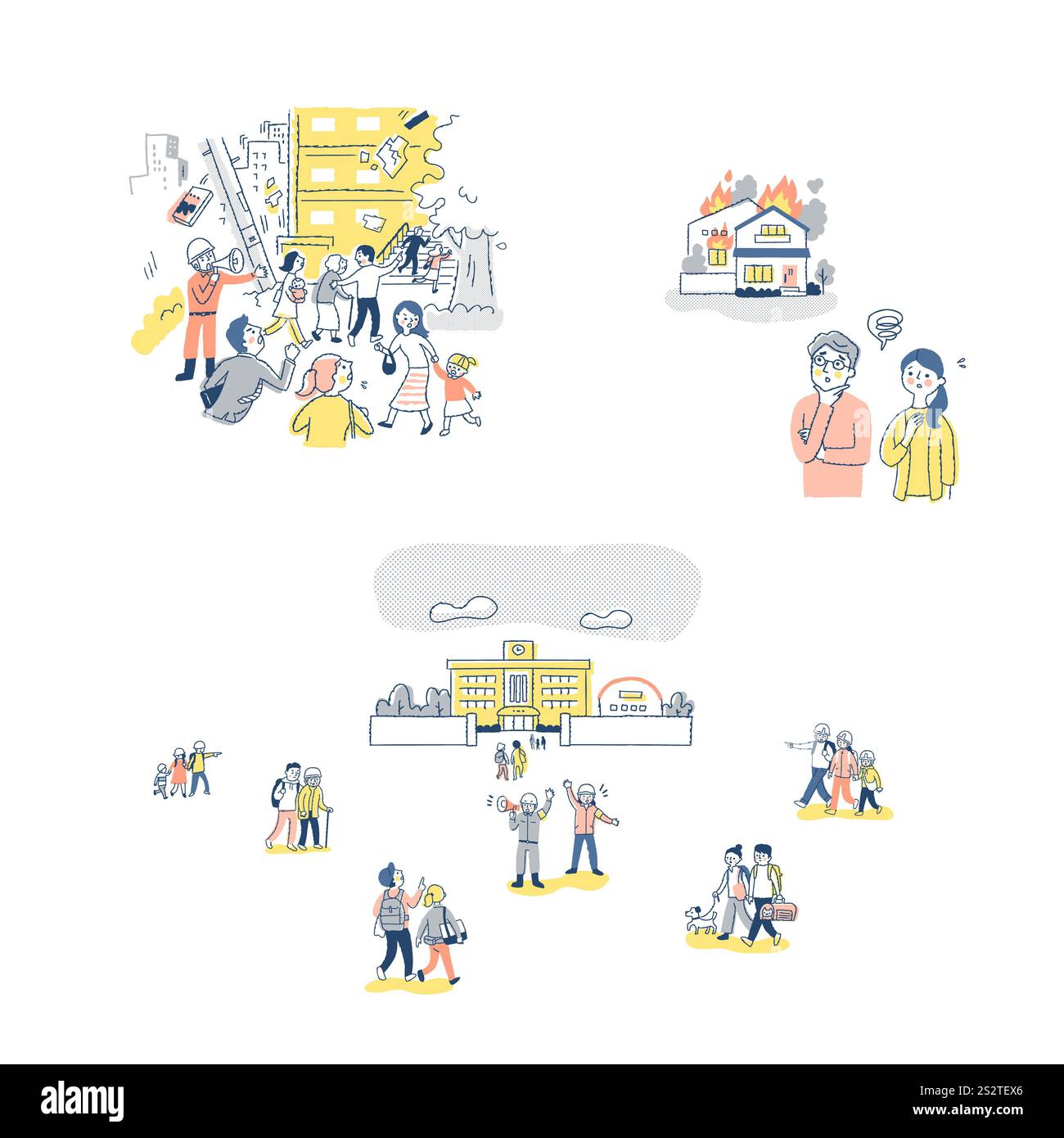 Set of illustrations of earthquake scenes, people evacuating, etc Stock ...