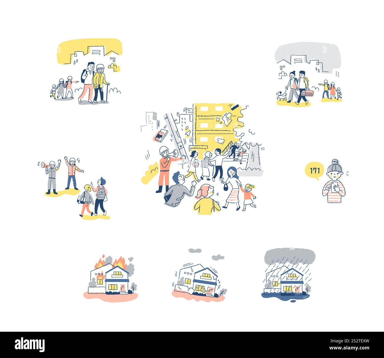 Set of illustrations of earthquake scenes, people evacuating, etc Stock ...