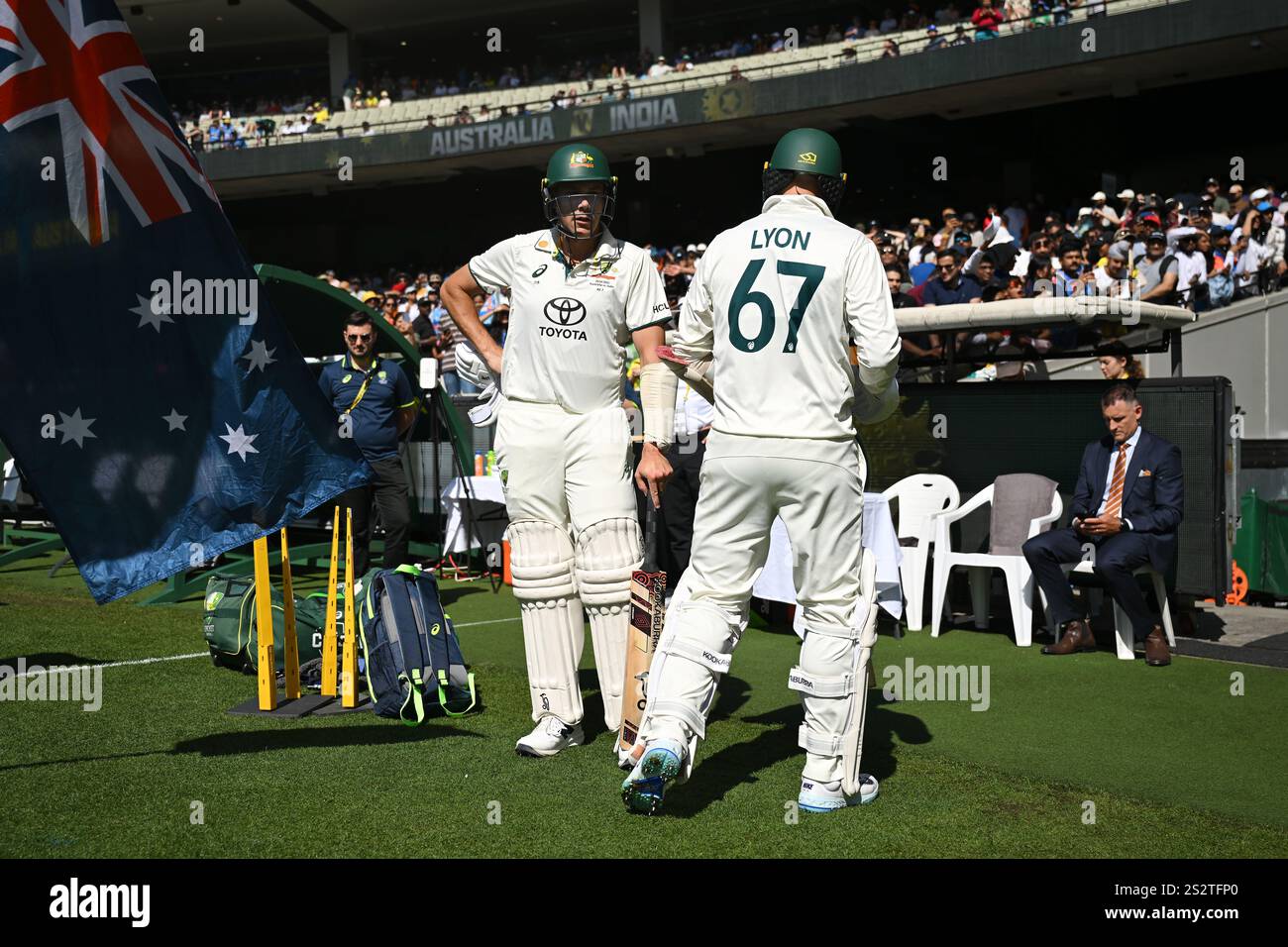 Scott Boland of Australia (left) and Nathan Lyon of Australia prepare ...