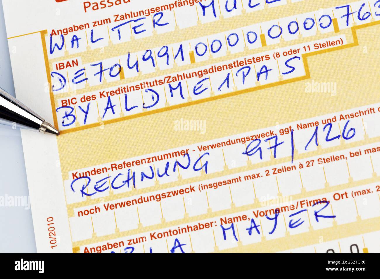 A payment slip for bank transfer with IBAN number and BIC code in ...