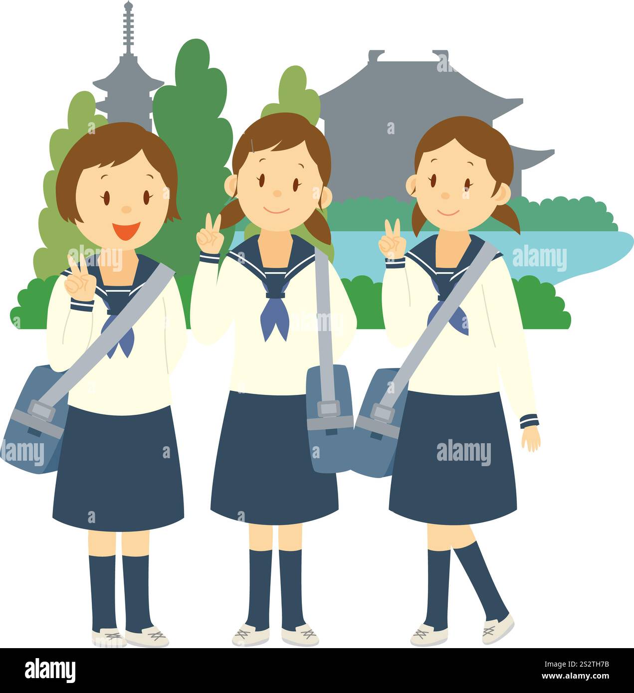 Junior high school girls taking a souvenir photo on a school excursion ...