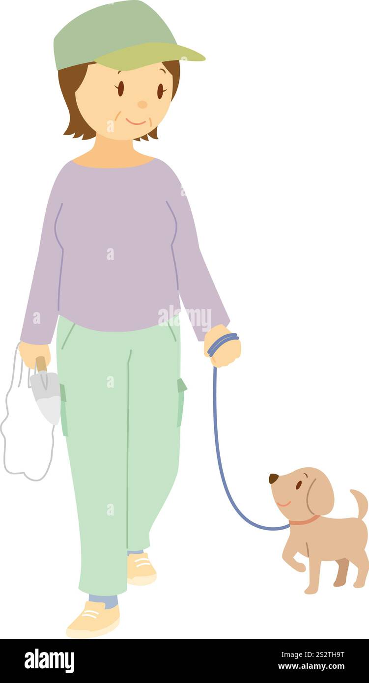 Middle-aged woman walking her dog Stock Photo - Alamy