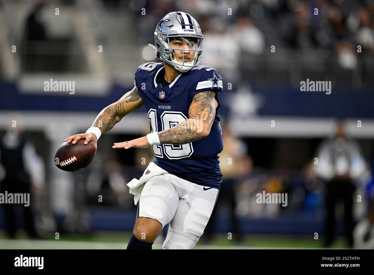 Dallas Cowboys quarterback Trey Lance (19) looks to through the ball ...