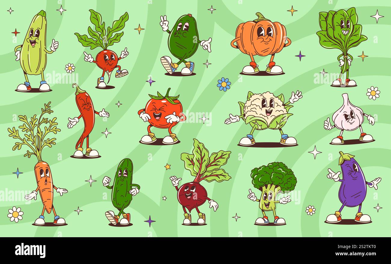 Cartoon retro groovy vegetable food characters. Cute farm tomato ...