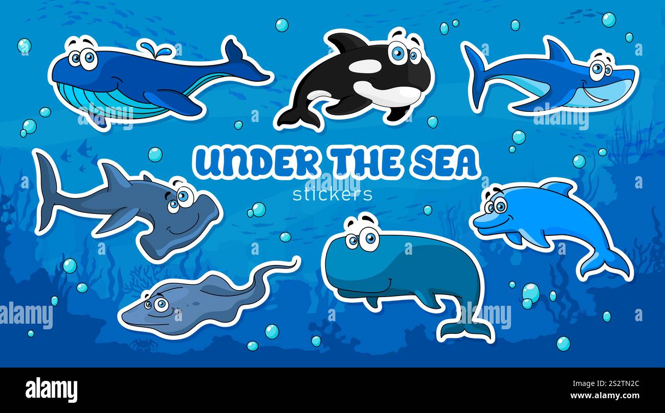 Cartoon underwater animal stickers. Blue whale, killer whale and sharks ...