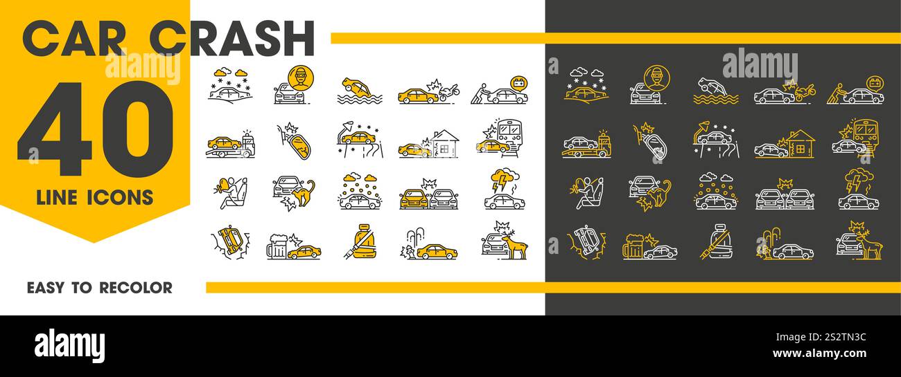 Car crash icons, traffic accident and vehicle collision or damage ...