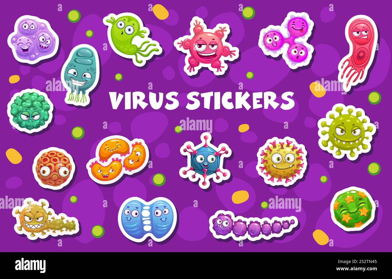 Stickers of funny bacteria, virus and germ characters with happy faces ...