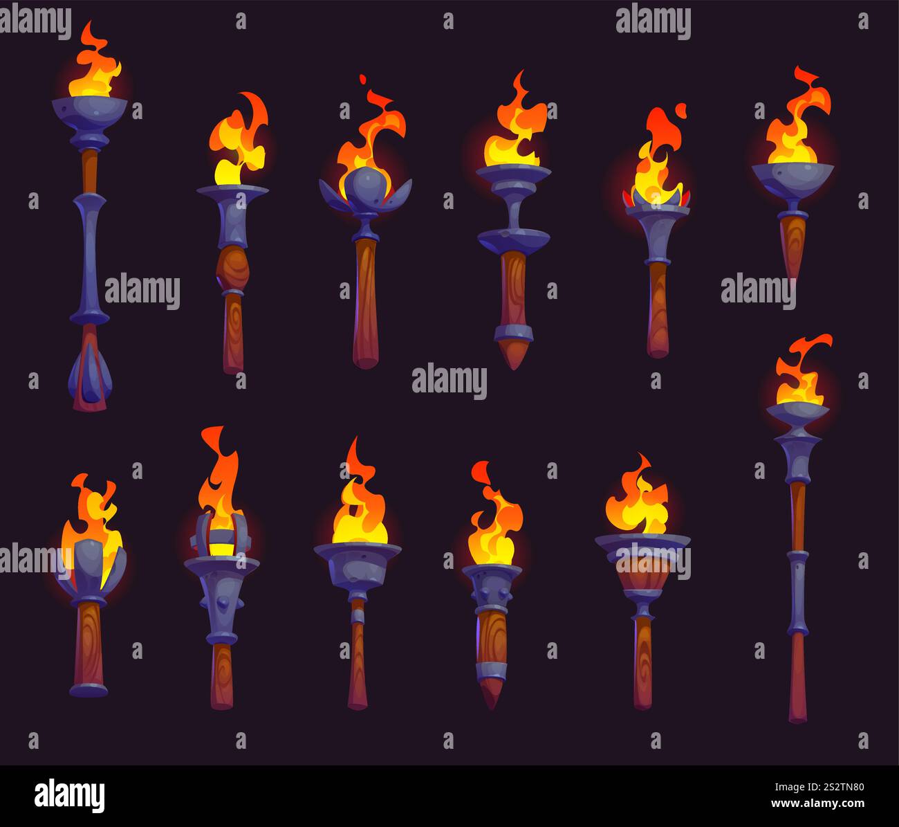 Medieval fire torch, game asset, vector UI. Cartoon ancient greek ...