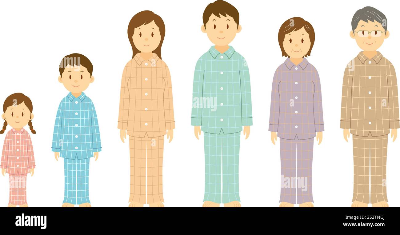 Family of three generations standing side by side in pyjamas Stock ...