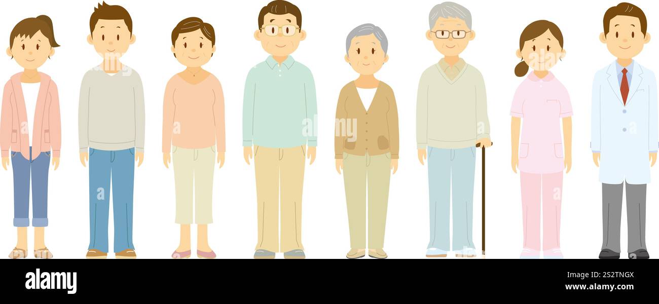 Doctor and nurse with three generations of family members standing side ...