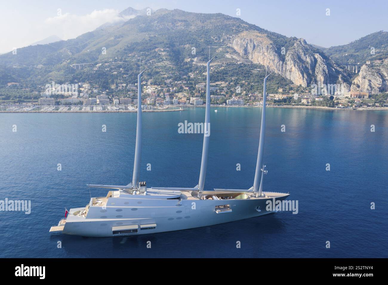 Aerial view 143 metre long three-master Sailing Yacht A, the largest ...