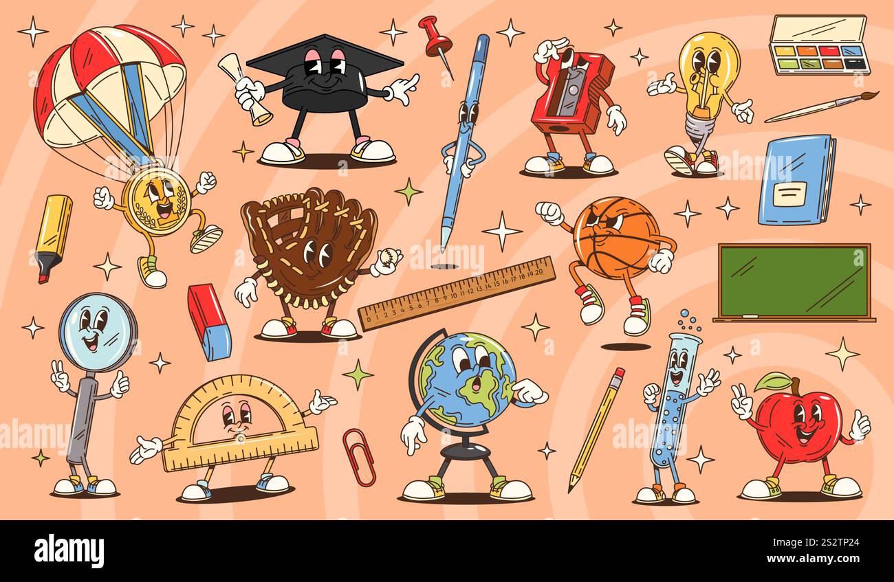 Cartoon school stationery groovy characters of cute retro pen, pencil ...